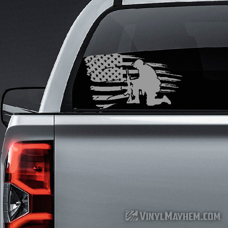 American Flag Distressed Waving Soldier Kneeling Vinyl Sticker Decal ...